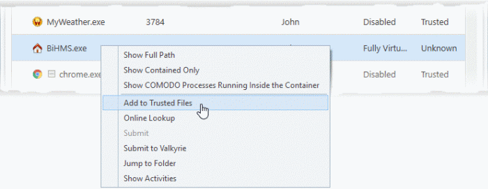 Active Process List, Windows Process List | Comodo Client Security | COMODO